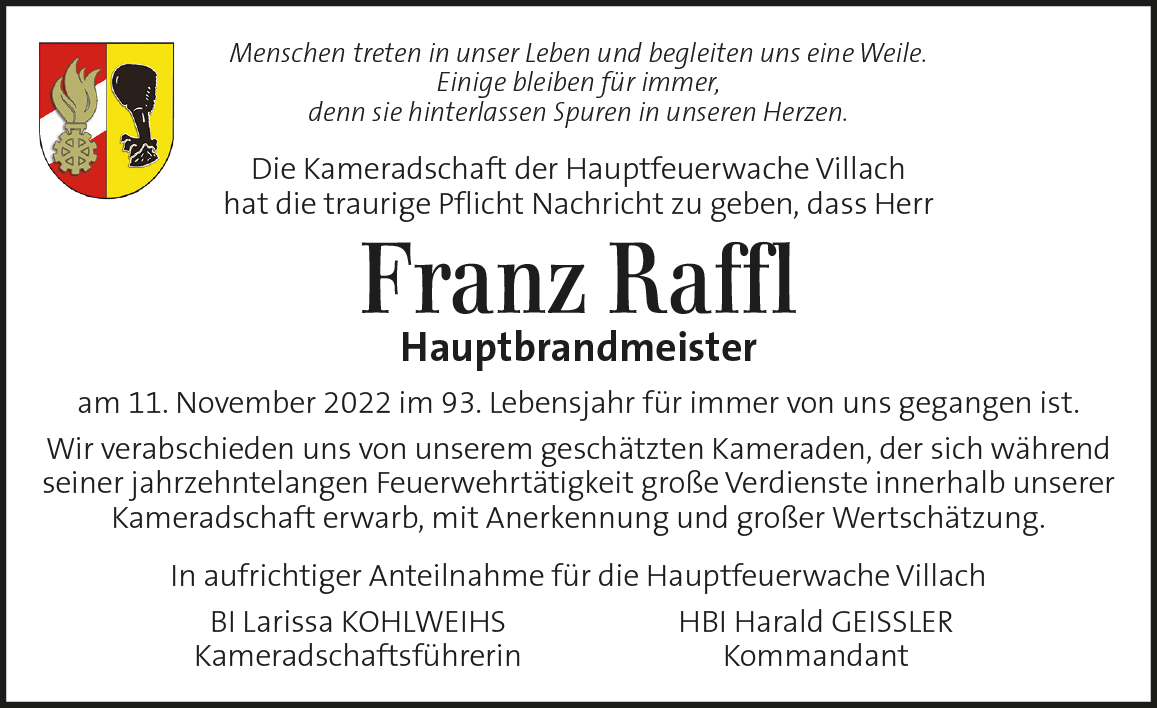 Nachruf HBM Franz Raffl - Hauptfeuerwache Villach